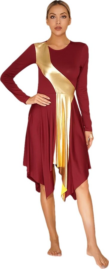 Niiyyjj Women Metallic Color Block Dance Dress Long Sleeve Asymmetrical ...