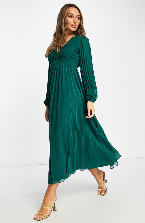 ASOS DESIGN Pleated Long Sleeve Chiffon Midi Dress - ShopStyle