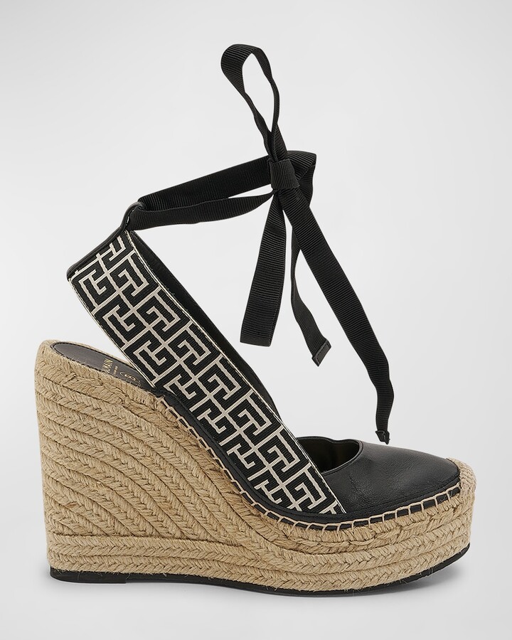 Balmain Alex Monogram Ankle-Tie Wedge Espadrilles - ShopStyle