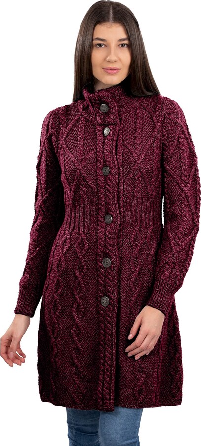 SAOL 100% Merino Wool Irish Cardigan for Women with Celtic Knot Buttons ...