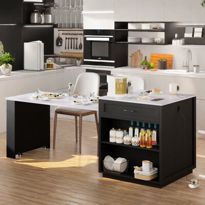 Lark Manor Kitchen Island With Extendable Dining Table, Power Outlet, 2 ...