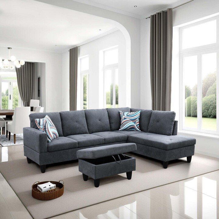 Ball & Cast Linen L Shaped Sectional Couches with Storage Ottoman ...