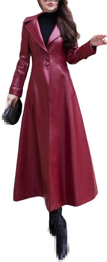Vogrtcc Women Spring Long Lapel Flare Leather Trench Coat - ShopStyle