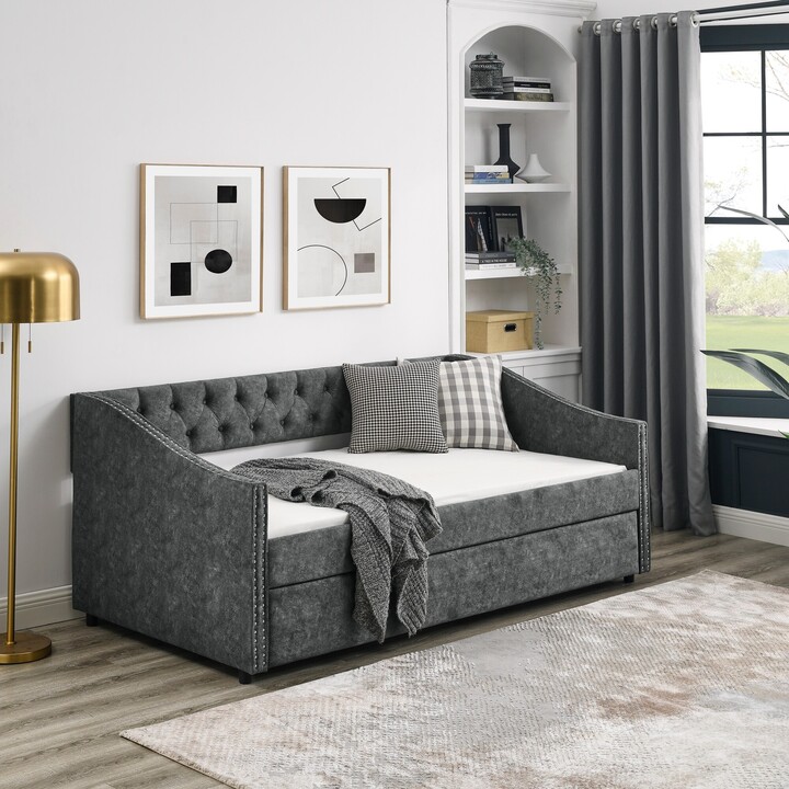 Twin Size Daybed with Twin Size Trundle Upholstered Tufted Sofa Bed ...