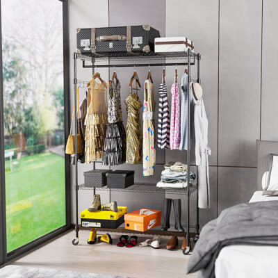 Rebrilliant Garment Rack With 3 Tier Wire Adjustable Shelves, Rolling ...
