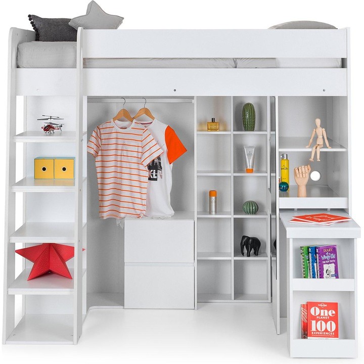 Julian Bowen Aurora High Sleeper Bed with Desk, Drawers, Hanging Rail ...
