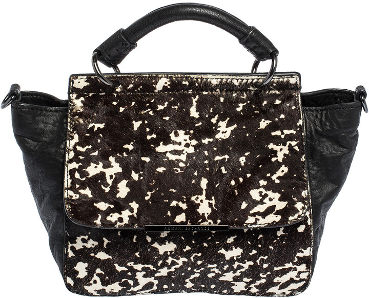 Armani Exchange Black/Brown Leopard Print Calfhair and Leather Top ...