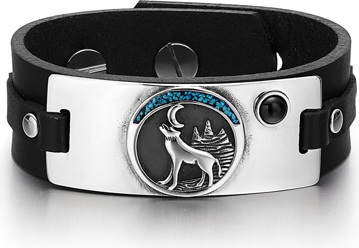 Magic Human Leather Bracelet for Men or Women - Howling Wolf and Moon ...