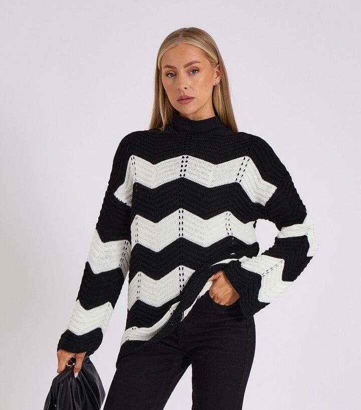 Women's Black Zigzag Knit Oversized Top Gini London - ShopStyle