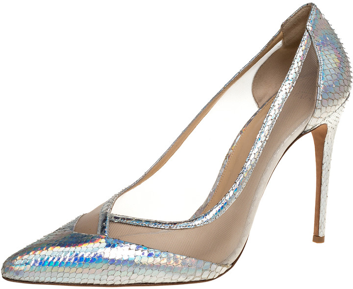 Alexandre Birman Metallic Silver Python And Mesh Pointed Toe Pumps Size ...