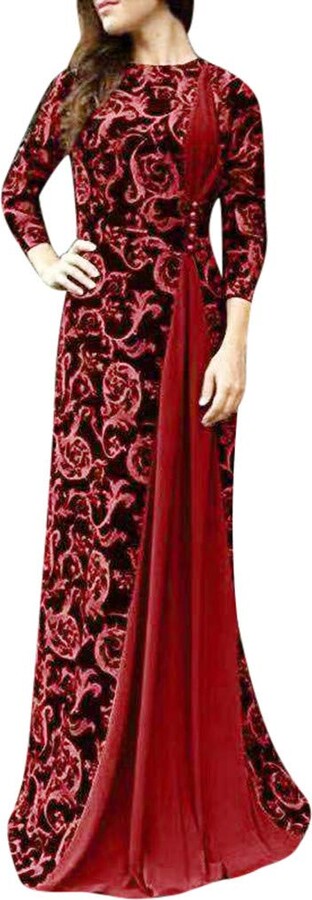 SPWQPNF Women Dubai Arabian Floral Print Long Dress Vintage Muslim ...