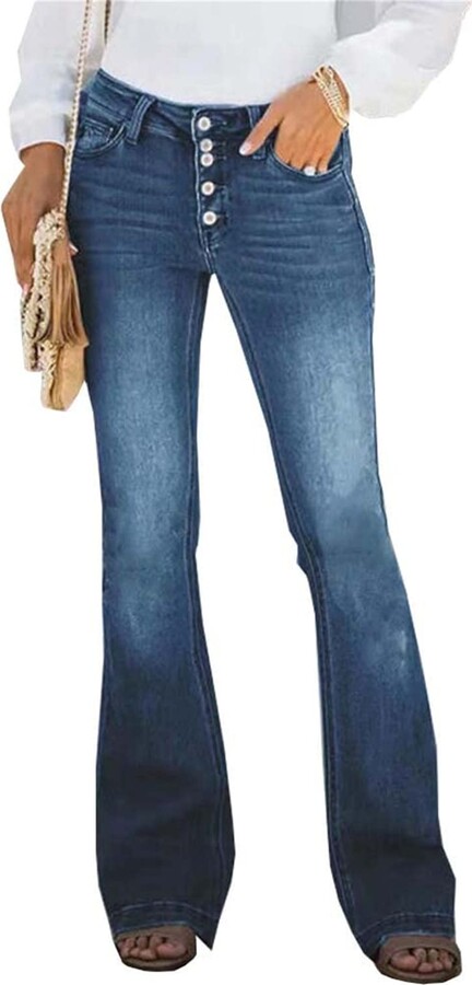 Updays Women's High Rise Button Flare Jeans Bell Bottom Raw Hem Denim ...