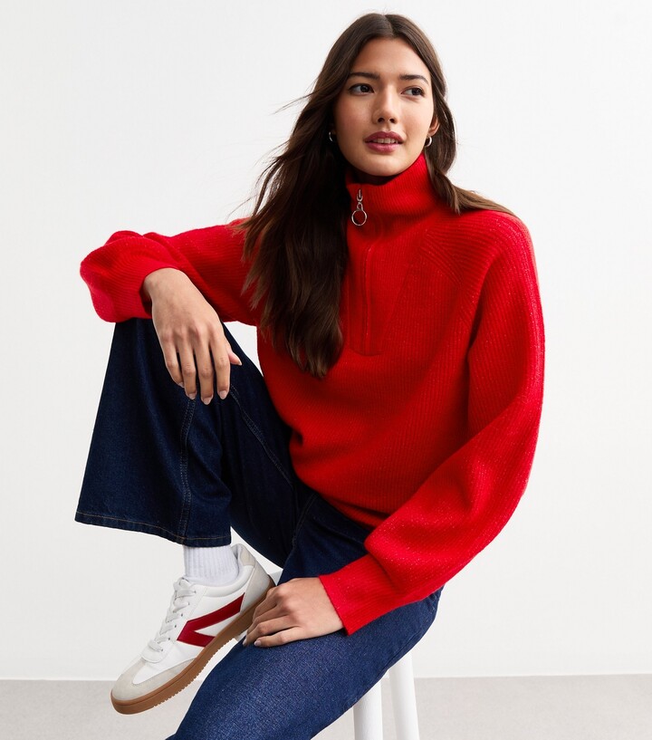 Women's Red Half Zip Rib Knit Jumper Sunshine Soul - ShopStyle