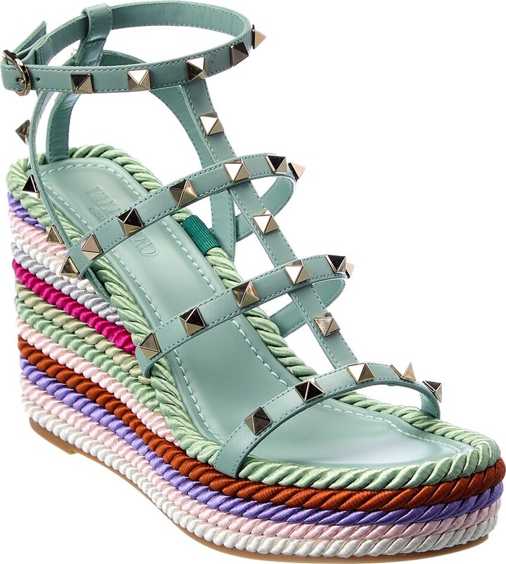 Valentino Rockstud Caged 95 Rope & Leather Wedge Sandal - ShopStyle