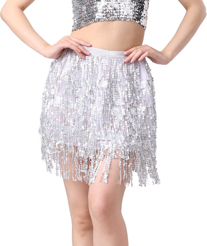 ZISTRCBAO Women's Sequin Fringed Skirt - Mini Sexy A-Line Sparkle Skirt Belly Dance Skirt ...
