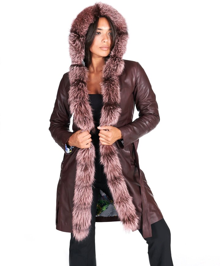 D'Arienzo Burgundy Italian Women Leather Coat with Fur Edged Hood ...