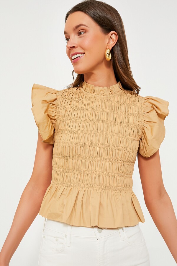 Hyacinth House Tan Smocked High Neck Nadine Blouse - ShopStyle