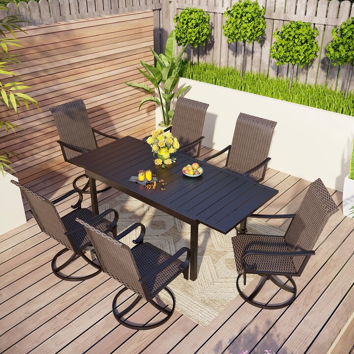PATIO TIME Steel Extendable Table Rattan Swivel Chairs Patio Outdoor ...