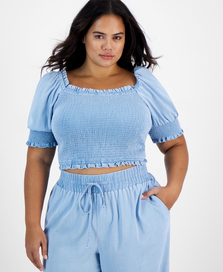 Bar III Plus Size Chambray Smocked Puff-Sleeve Crop Top, Created for ...