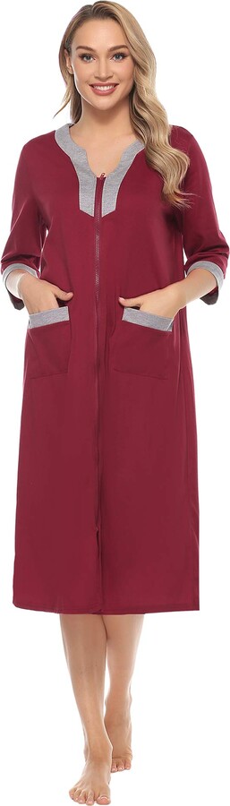 Doaraha Zip Up Dressing Gown Ladies Zipper Robes Lightweight 3/4 Sleeve ...