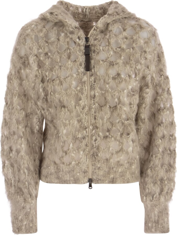 Brunello Cucinelli Fluffy Net Cardigan In Mohair, Wool And Cotton With ...