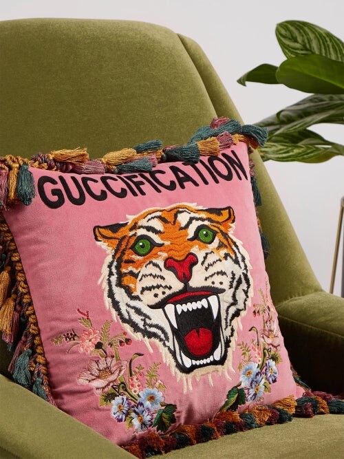 Gucci Guccification Tiger-embroidered Velvet Cushion - Pink Multi ...