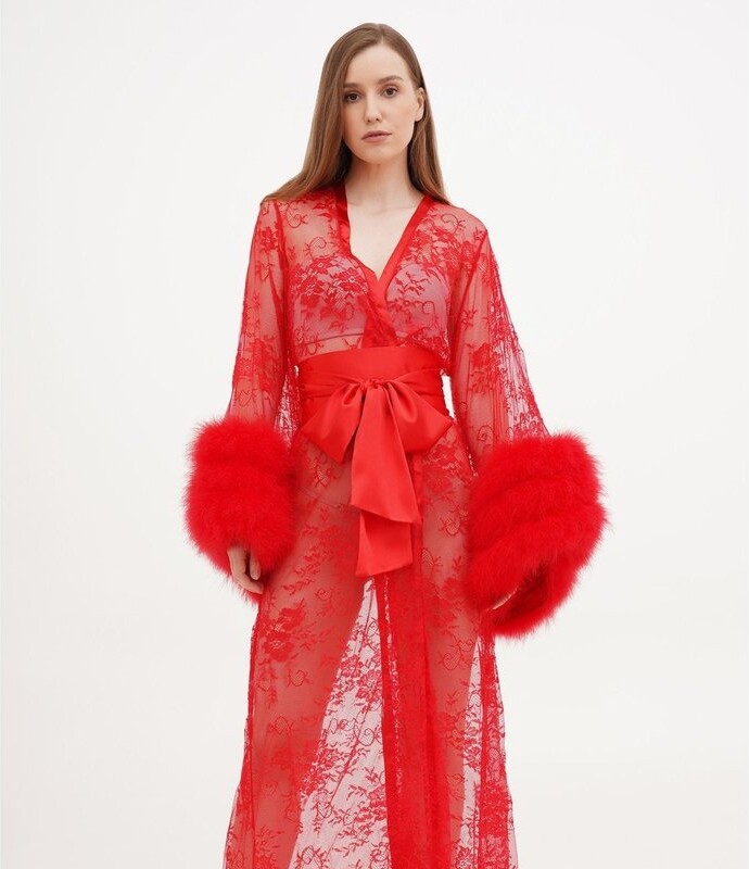 KÂfemme Sophie Sheer Long Lace Old Hollywood Robe - Red - ShopStyle