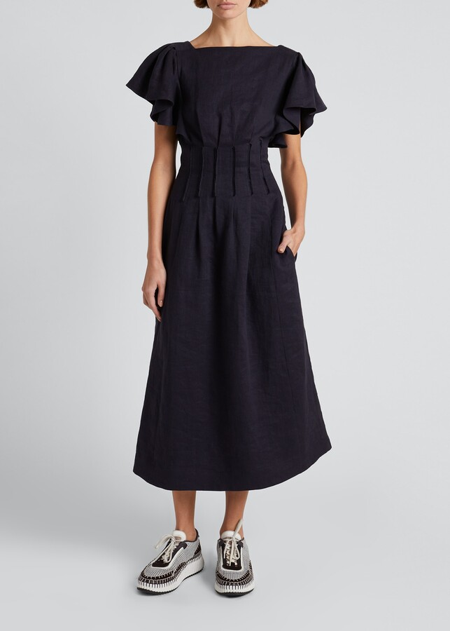 Chloé Flutter-Sleeve Corset Linen Midi Dress - ShopStyle