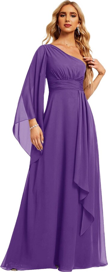 HUINI Bridesmaid Dress Long with Sleeves - Simple Chiffon Evening Dress ...