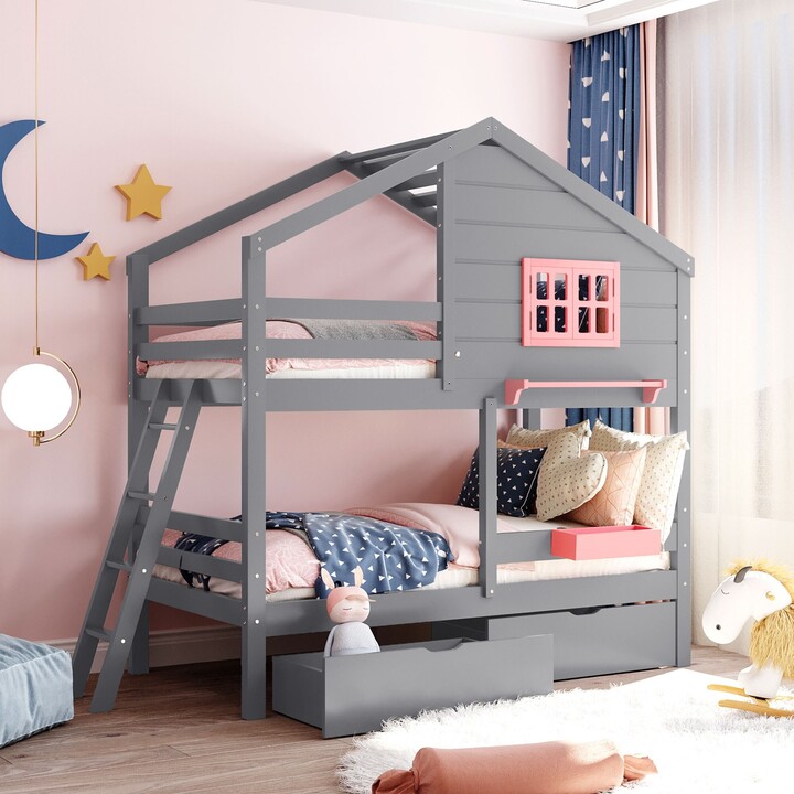IGEMAN Playhouse Twin over Twin Wood Bunk Bed with 2 Drawers, 1 Storage ...