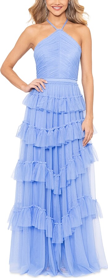 Aqua Tulle Tiered Ruffle Gown - Exclusive - ShopStyle Evening Dresses