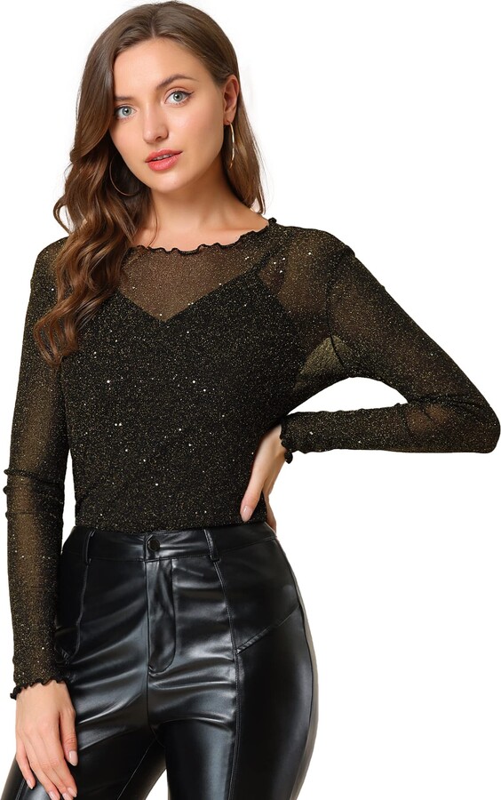 Allegra K Women's St. Patrick's Day Glitter Mesh See Through Party Top ...