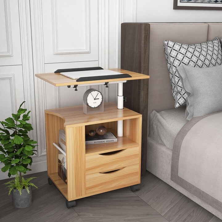 Zeus & Ruta Height Adjustable Wooden Light Brown Nightstand with Swivel ...
