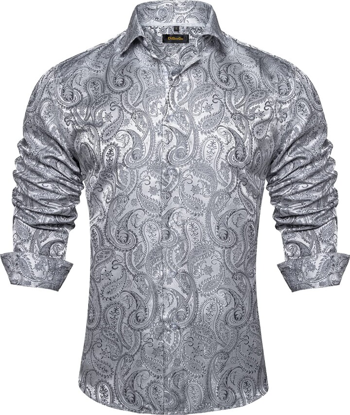 DiBanGu Mens Silver Dress Shirt Long Sleeve Brooch Woven Paisley Shirts ...