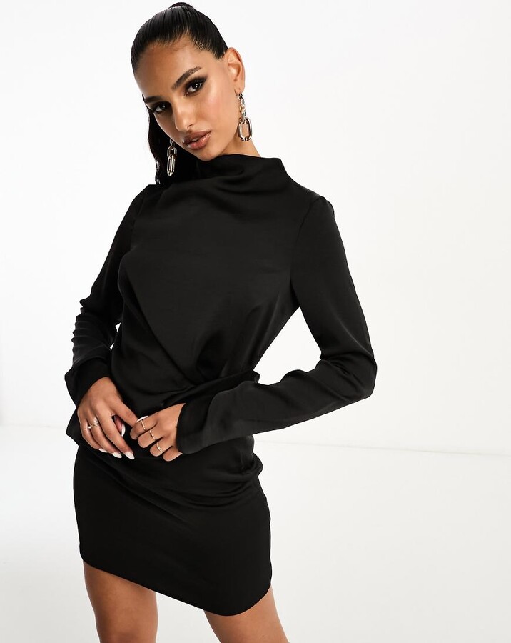ASOS DESIGN satin long sleeve tuck detail mini dress in black - ShopStyle