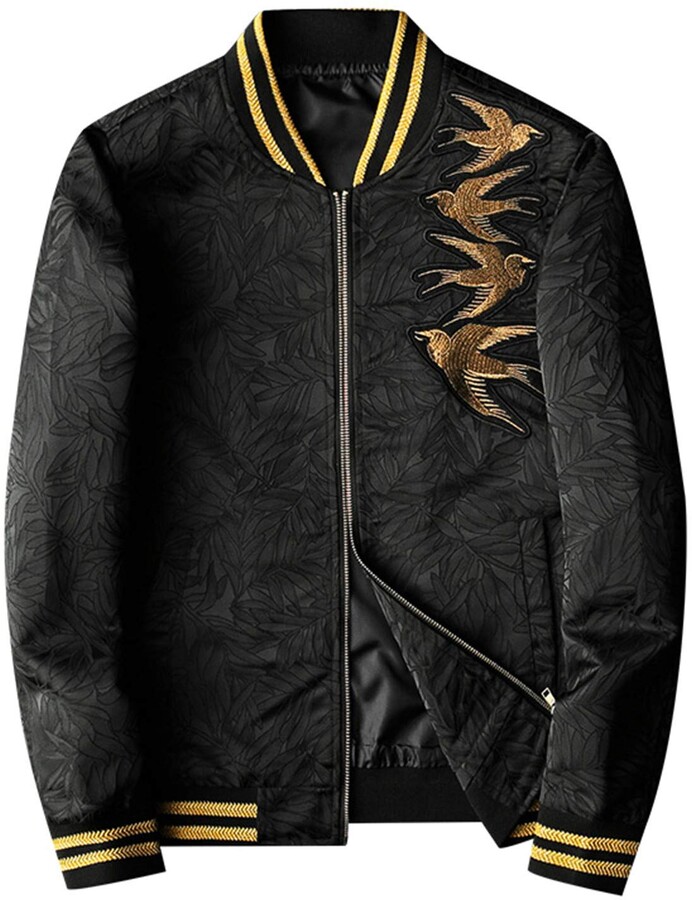 MONSFEVBG Embrodiery Jacquard Jacket Men Autumn Gold Embroidery Print ...