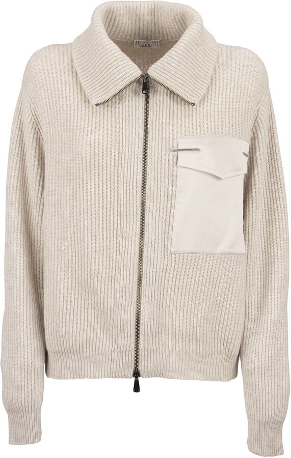 Brunello Cucinelli English Ribbed Cashmere Cardigan With Monili And ...