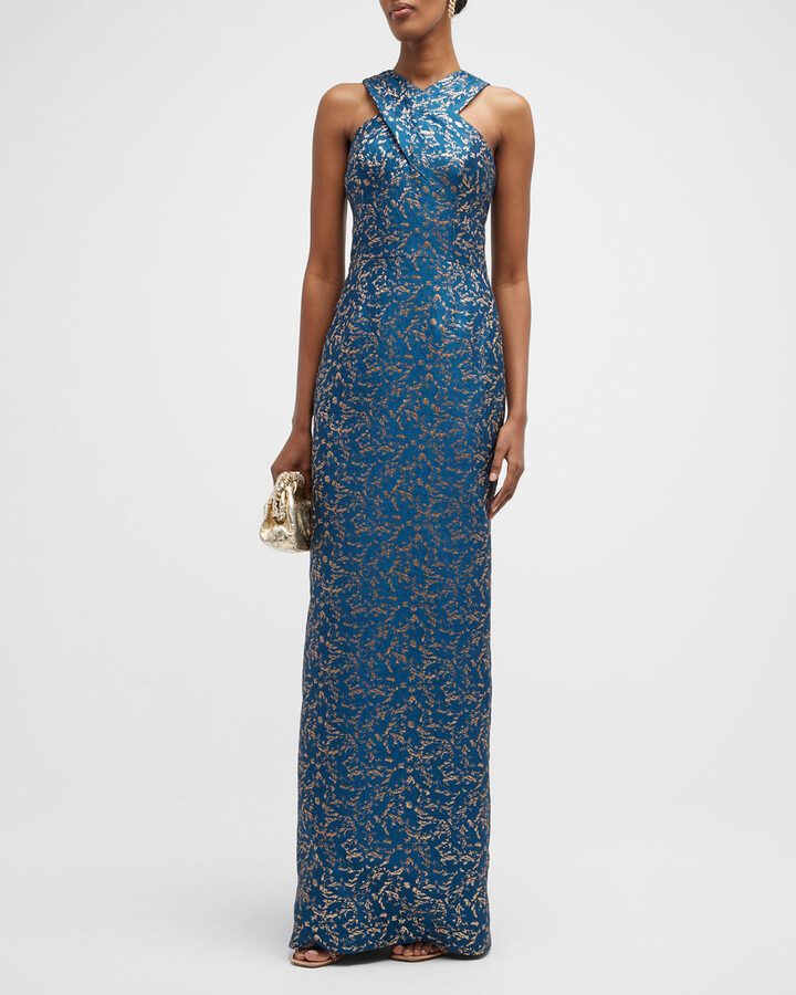 Rickie Freeman For Teri Jon Crossover Metallic Jacquard Halter Gown ...