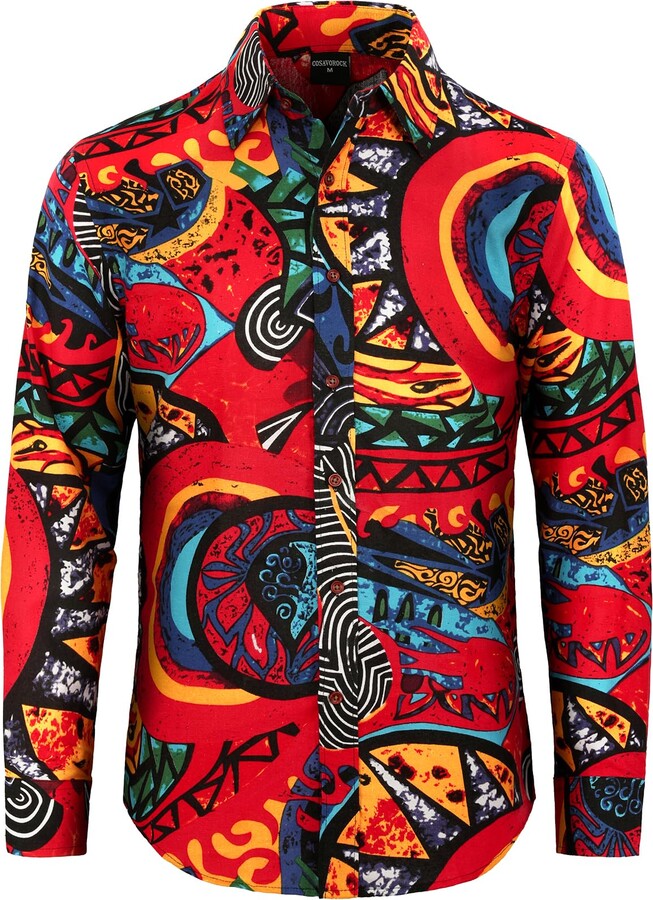COSAVOROCK Mens 70s Hippie Shirt Hippy Funky Fancy Dress African Shirts ...