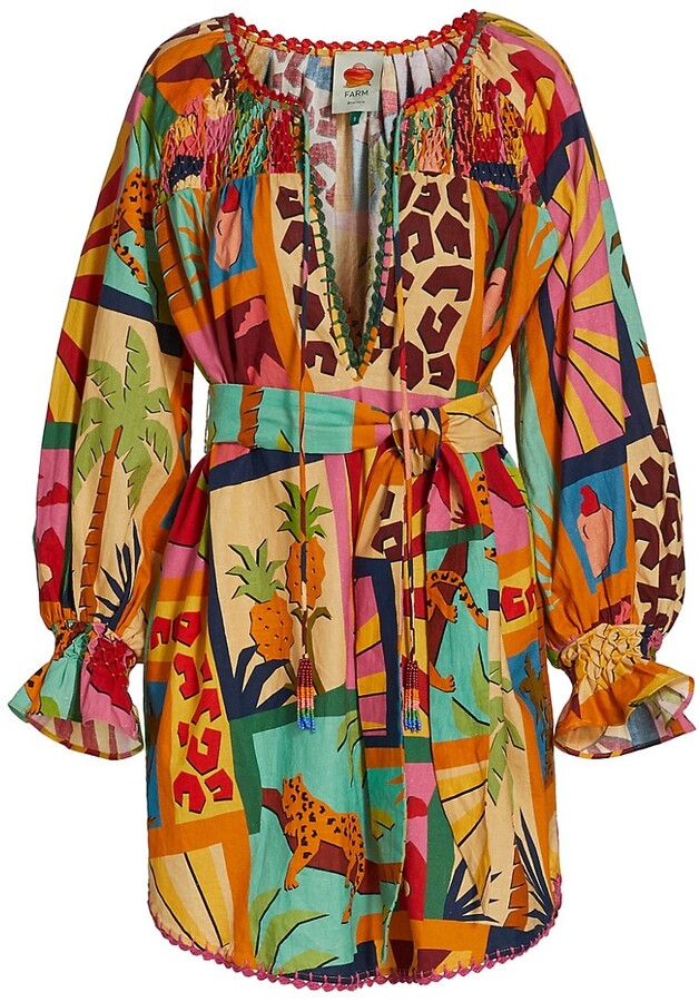 Farm Rio Tropical Collage Linen-Blend Tunic Dress - ShopStyle