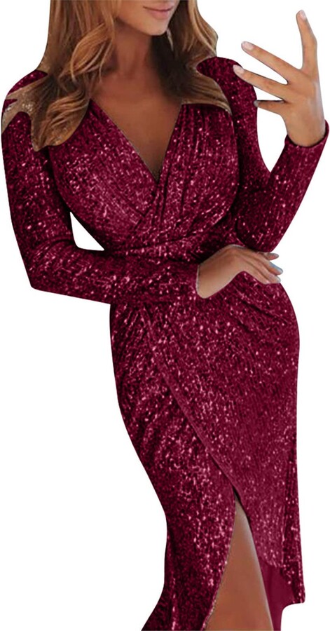 Youyu77 Women Sexy Dress Deep V Sequins Wrap Ruched Long Sleeve Formal ...