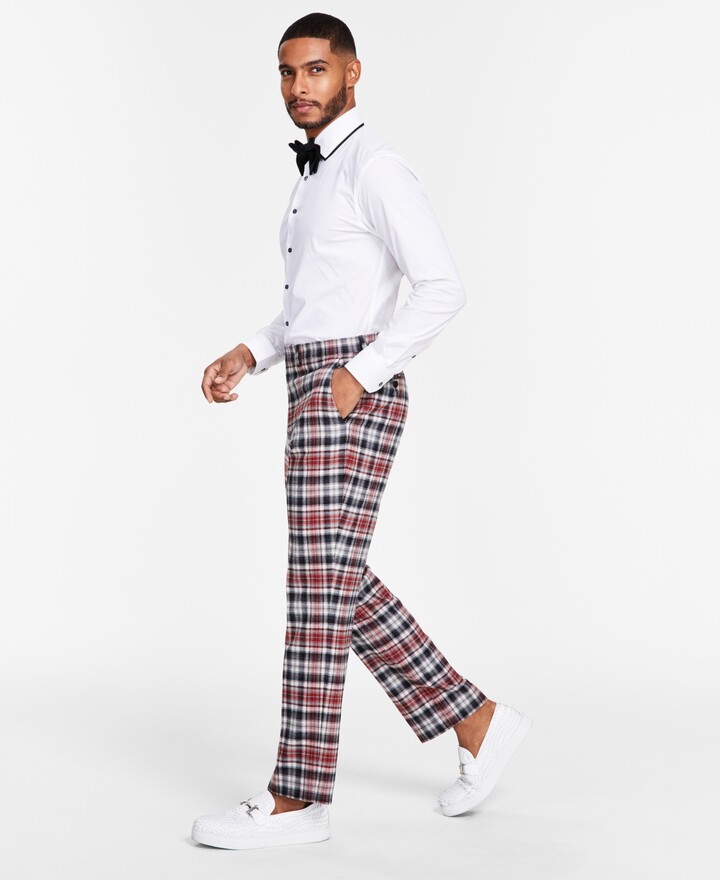 Tayion Collection Men's Classic-Fit Stretch Plaid Suit Pants - Black ...