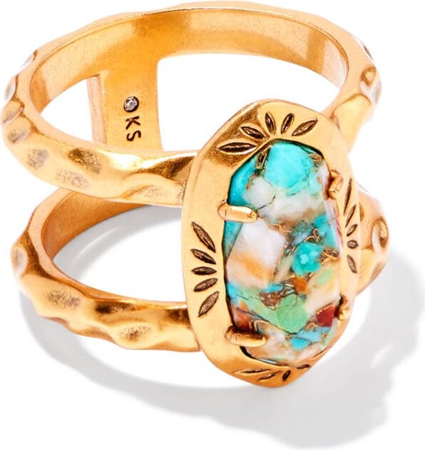 Kendra Scott Elyse Vintage Gold Etch Frame Band Ring in Bronze Veined Turquoise Magnesite Red ...