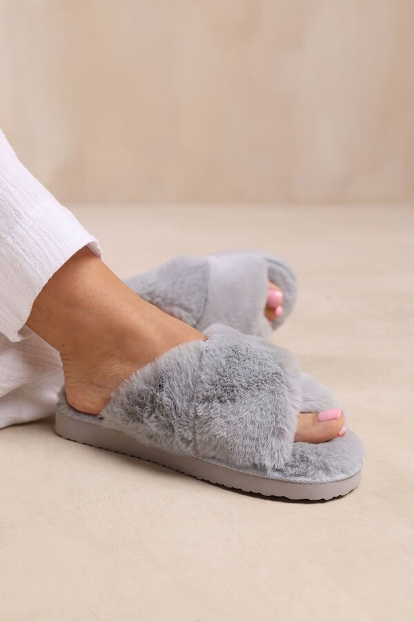 Where's That From 'Cuddle' Cross Over Fluffy Slippers - Grey - ShopStyle