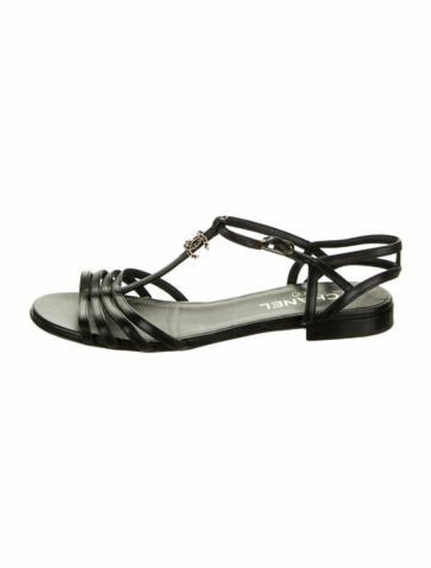 Chanel Interlocking CC Logo Leather T-Strap Sandals Black - ShopStyle