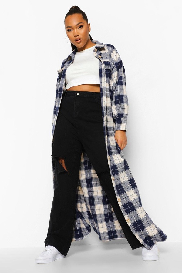 boohoo Plus flanneled Oversized Belted Maxi Shacket - ShopStyle Dresses