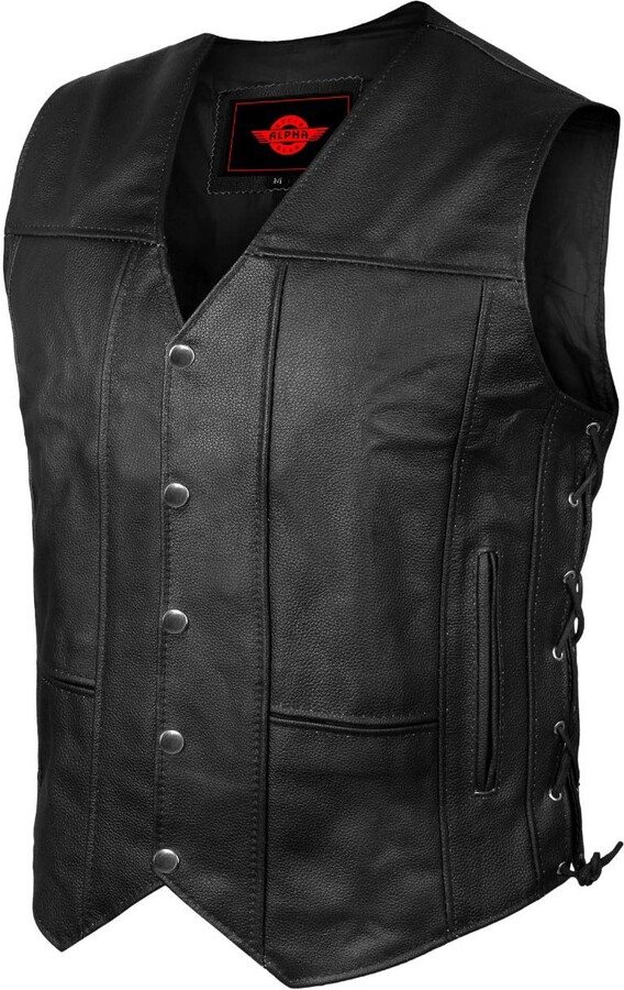 Jayefo Alpha Leather Motorcycle Vest for Men Riding Club Black Biker ...