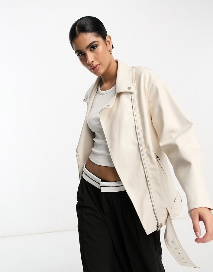 ASOS DESIGN longline oversized faux leather biker jacket in ecru ...