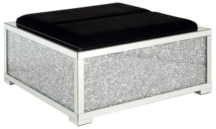 Mirrored Ottoman With Cushioned Seat And Faux Diamonds Silver Saltoro ...