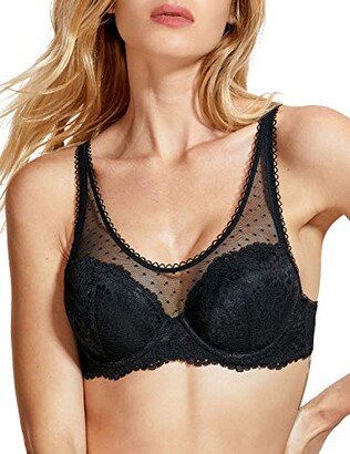 DOBREVA Women's Lightly Padded See Through Mesh Lace Underwire Bra Black 34B - ShopStyle